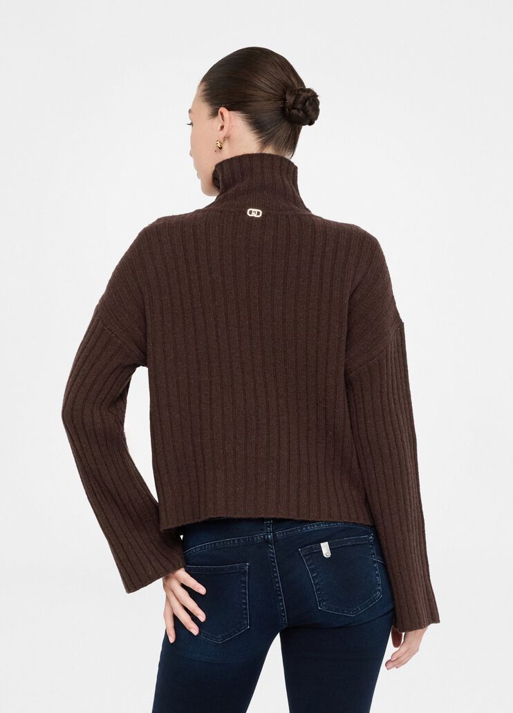 Wool polo-neck with bejewelled buttons colour dark chocolate | Liu Jo